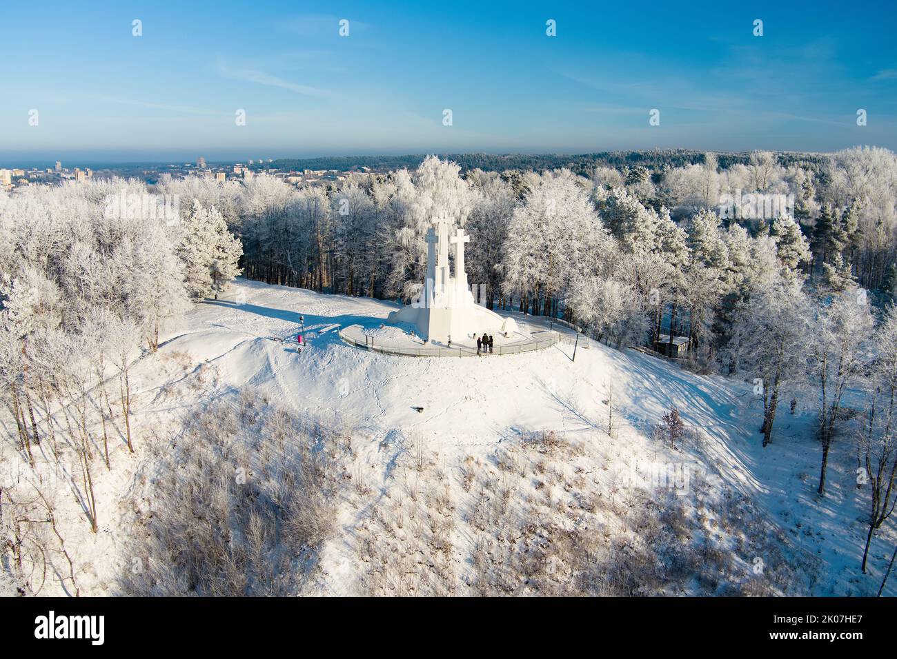 Aerial winter view of the Three Crosses monument overlooking Vilnius ...