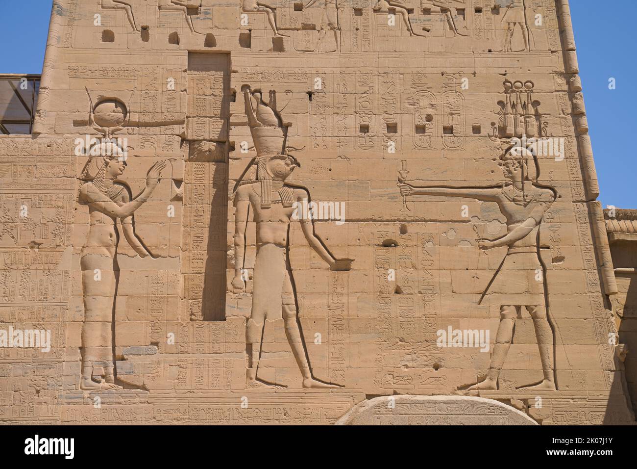Hathor, Horus, Isis (from left), first pylon, Temple of Isis, Temple ...