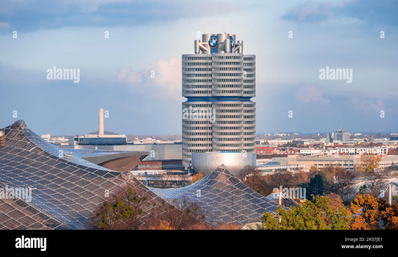 High-rise BMW four-cylinder, Olympic Stadium with tent roof, in autumn ...