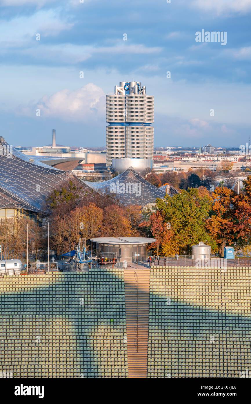 High-rise BMW four-cylinder, rows of seats in the Olympic Stadium with ...