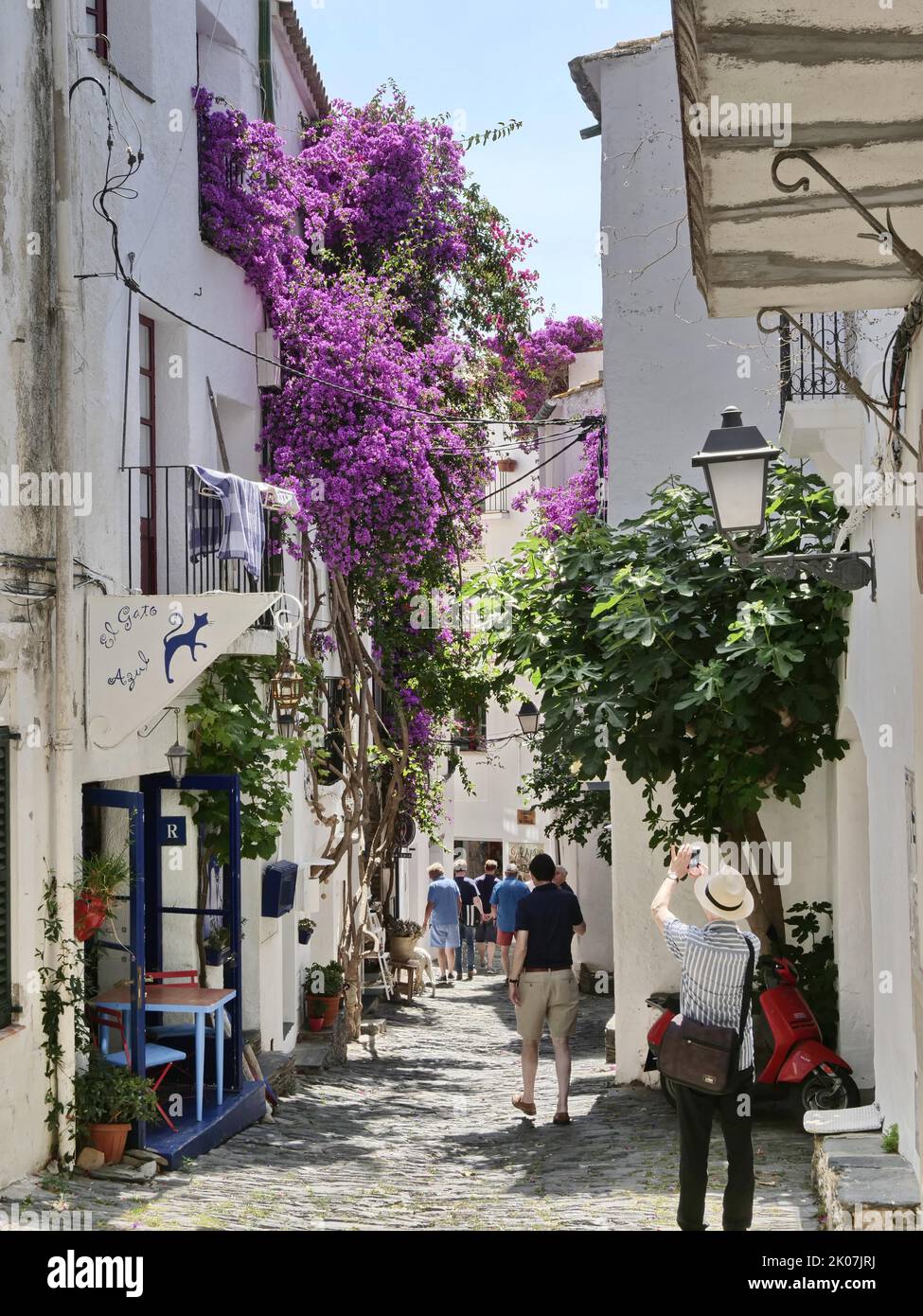 Narrow streets decorated with flowers in the centre of Cadaques, the ...