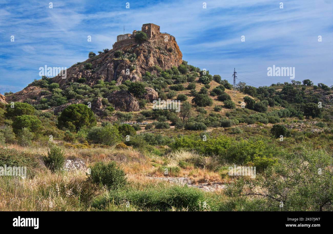 The Castell de Quermanco is a ruined castle on a craggy cliff ...