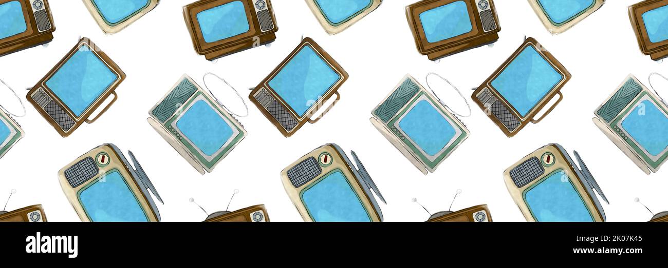 Retro style watercolor tv set pattern over white background Stock Photo ...