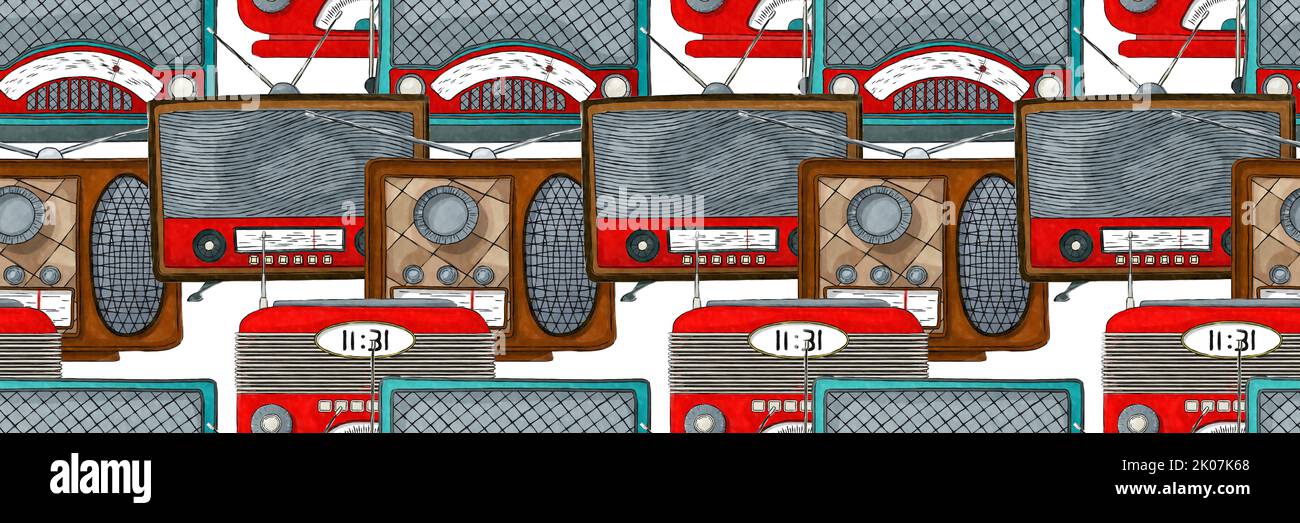 Retro style watercolor radio set pattern over white background Stock ...