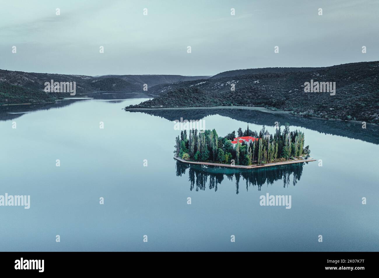 Aerial view of Visovac Monastery, located in Krka National Park &built ...