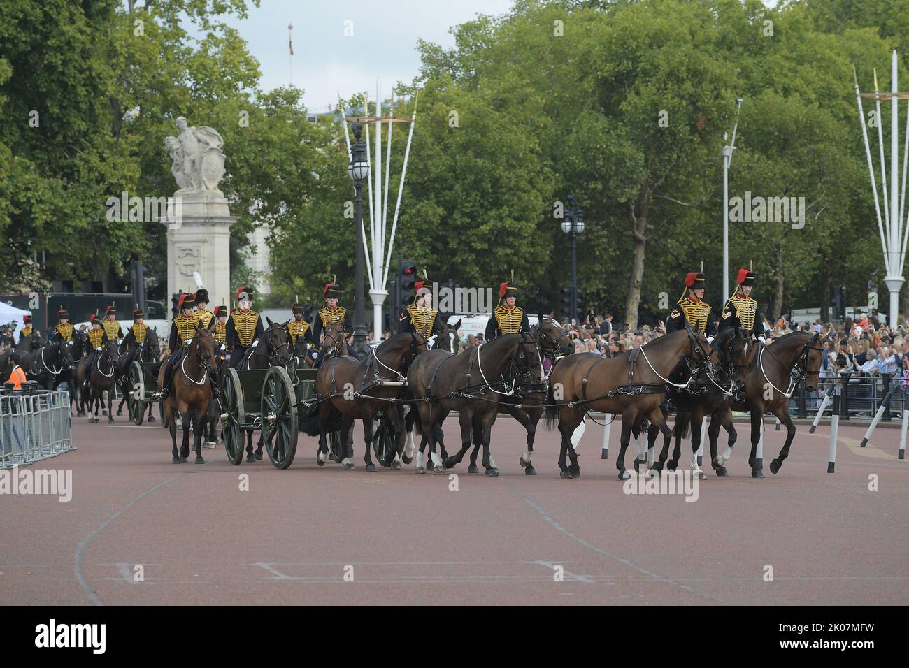 London, UK. 10th Sep, 2022. The Royal Artillery pass Buckingham Palace ...