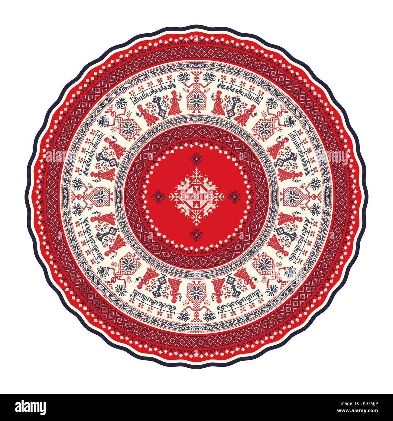 Vector round design element with traditional Russian embroidery symbols ...