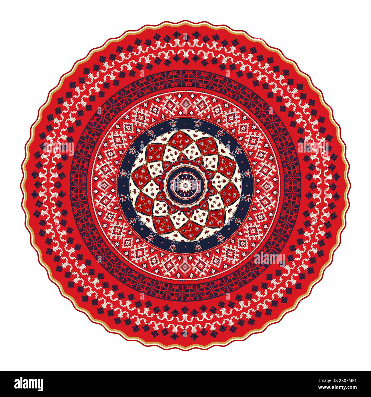Vector round design element with traditional Russian embroidery symbols ...