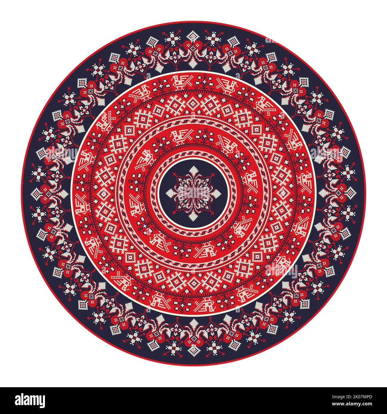 Vector round design element with traditional Russian embroidery symbols ...