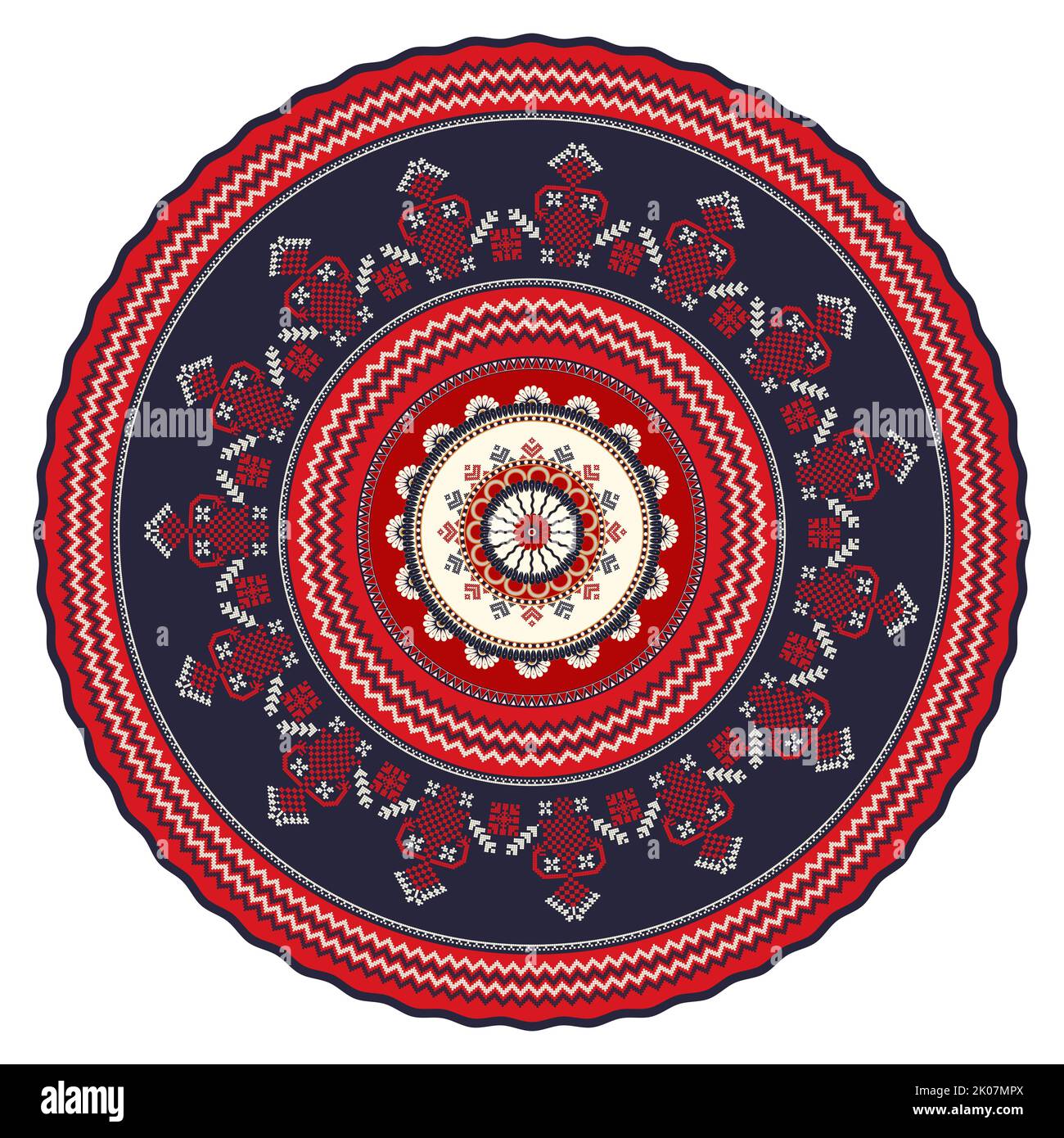 Vector round design element with traditional Russian embroidery symbols ...