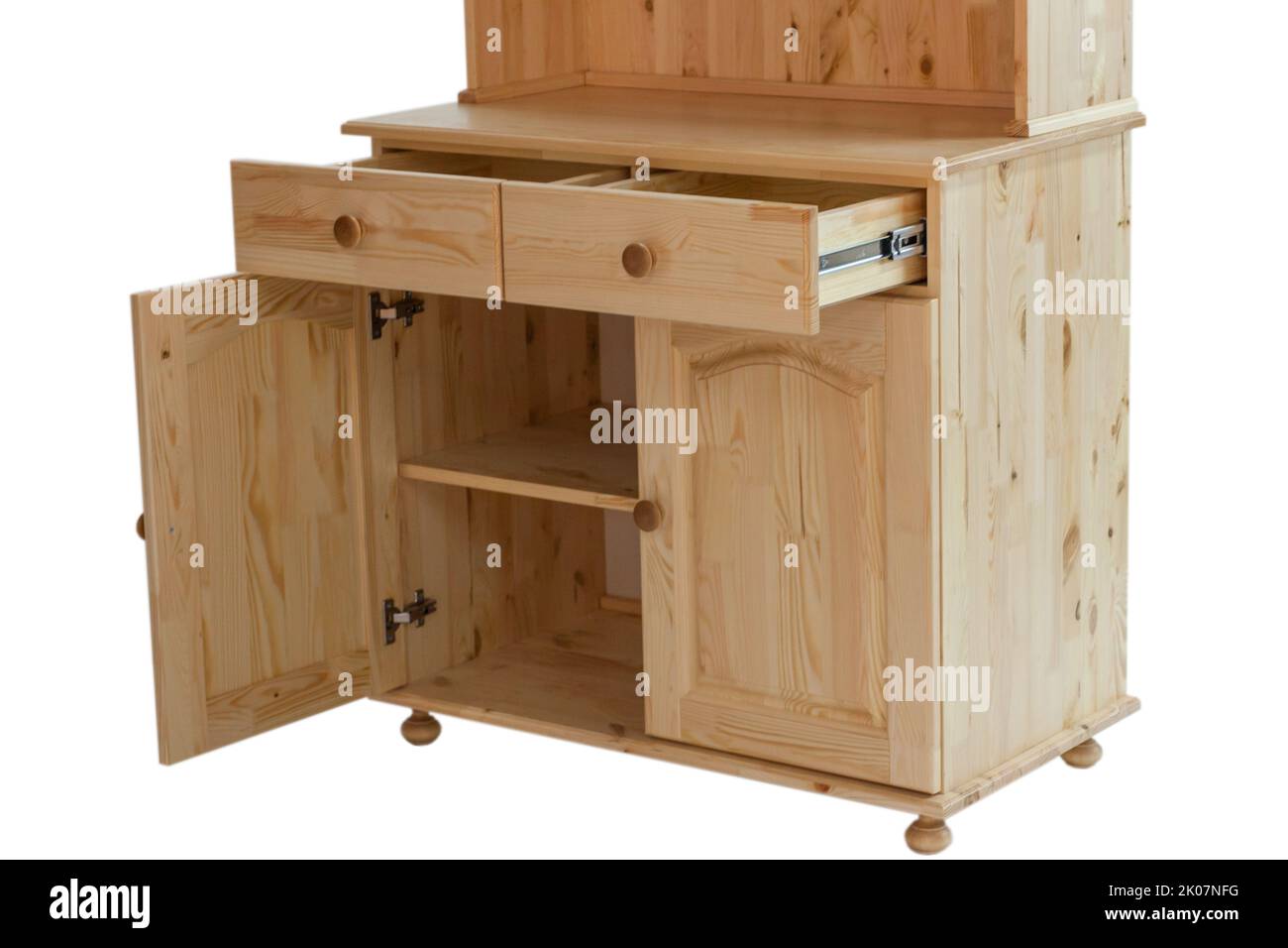 Open doors of a wooden kitchen cabinet. Close-up of empty kitchen ...