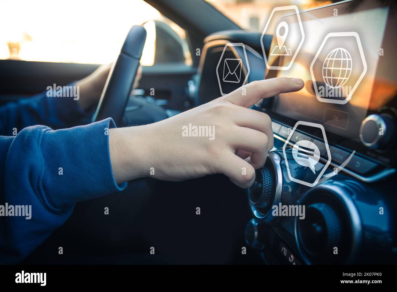 Drive using smartphone. Automotive technology concept. Infotainment ...