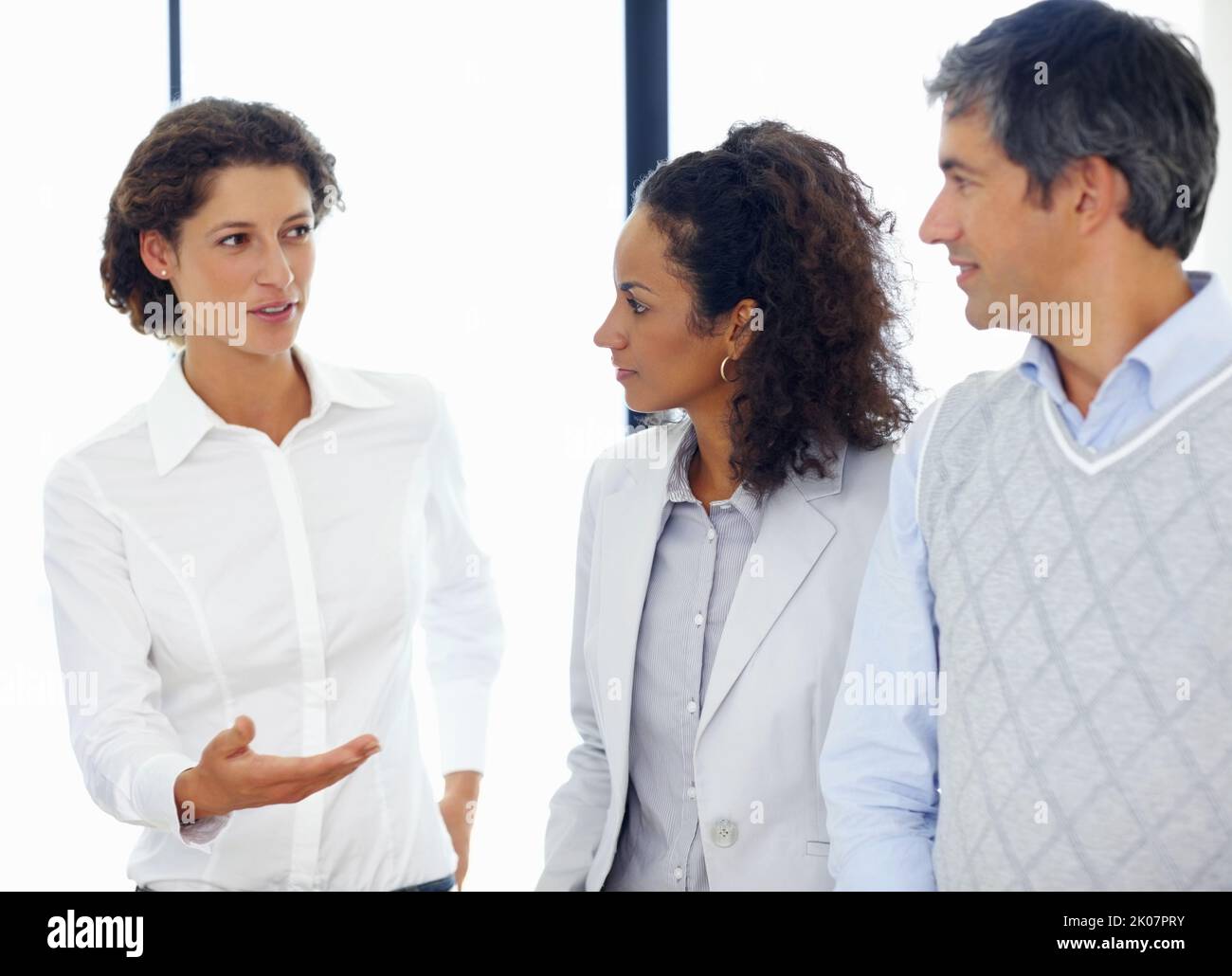 Business woman discussing with colleagues. Portrait of female team ...