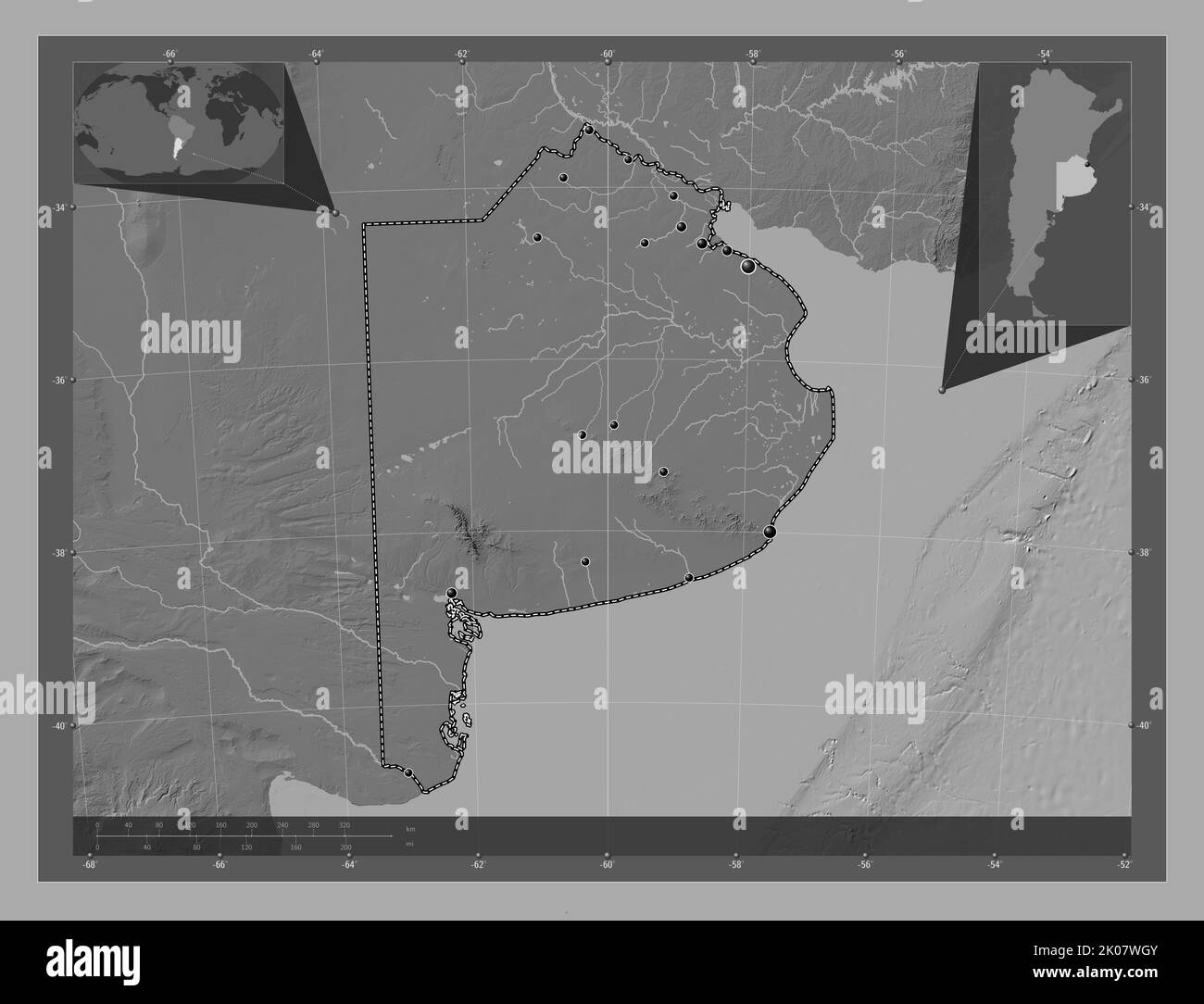 Buenos Aires, province of Argentina. Bilevel elevation map with lakes ...