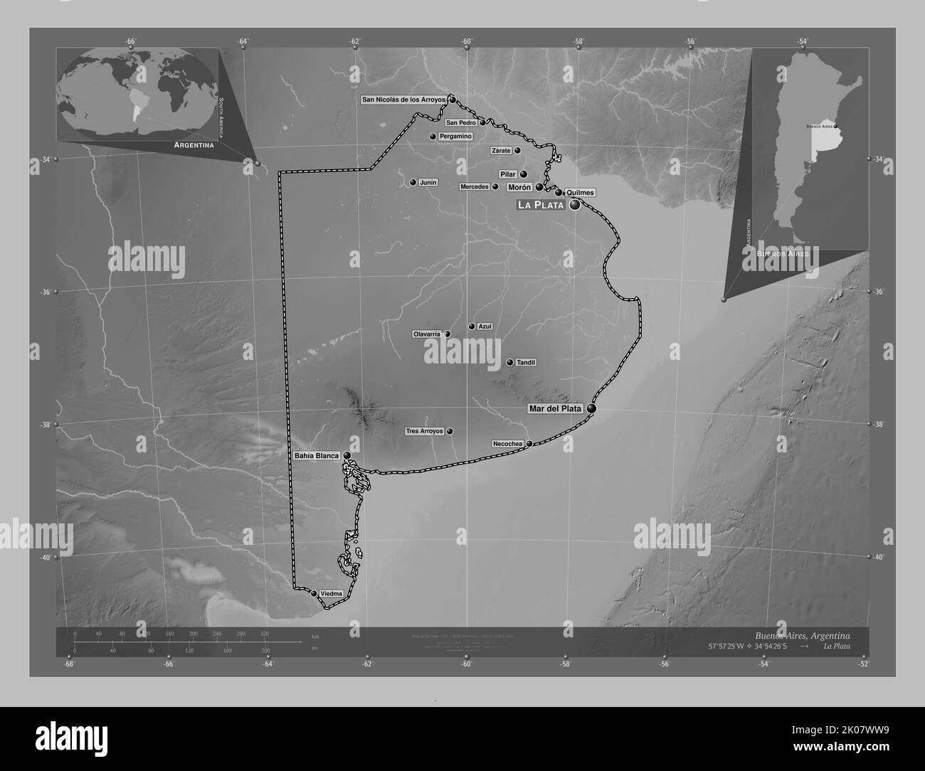 Buenos Aires, province of Argentina. Grayscale elevation map with lakes ...