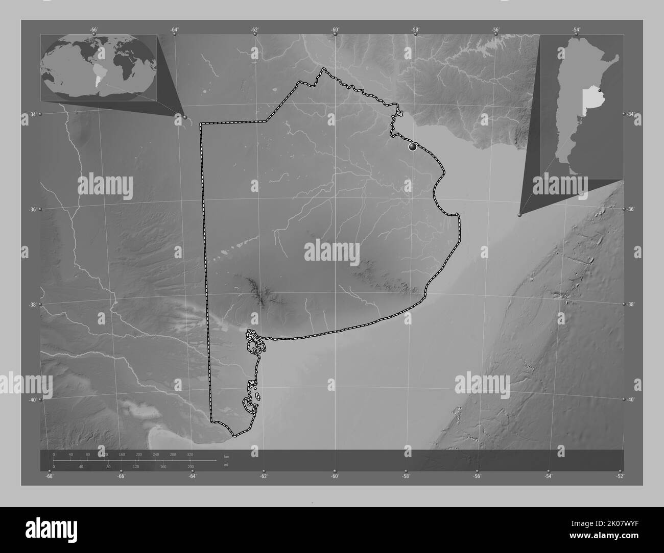 Buenos Aires, province of Argentina. Grayscale elevation map with lakes ...