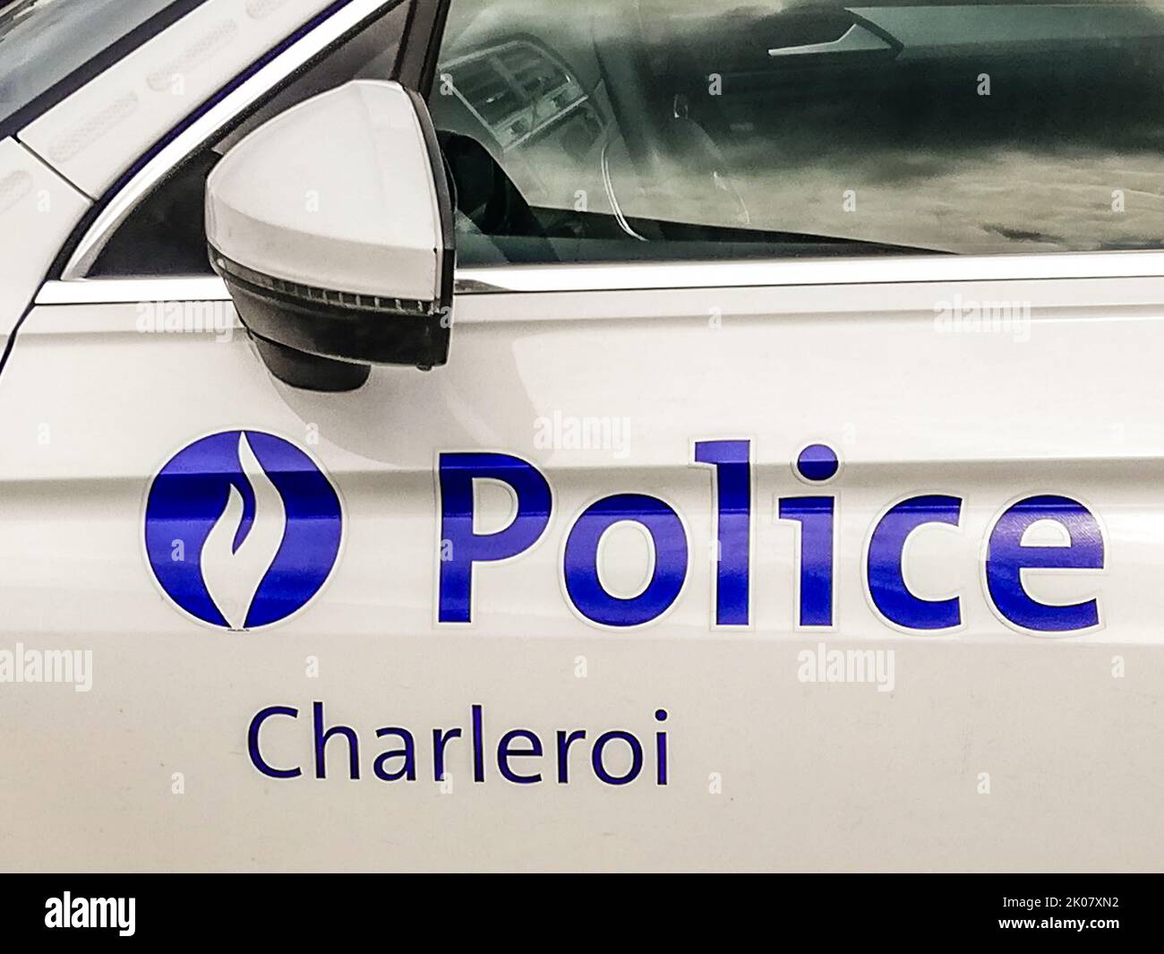 Charleroi, Belgium, September 10, 2022. Door of a police car with the ...