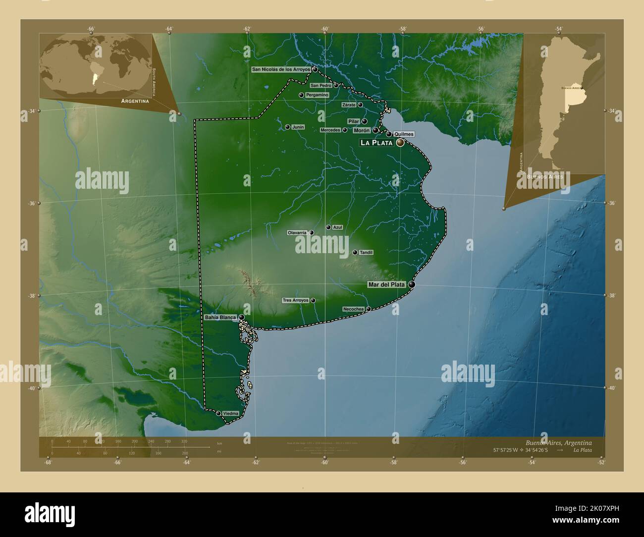 Buenos Aires, province of Argentina. Colored elevation map with lakes ...