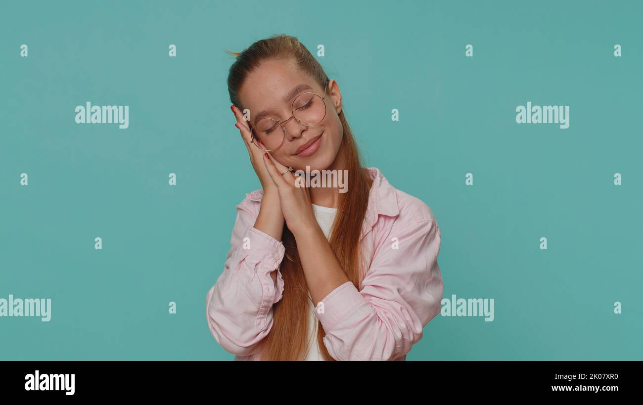 Tired overworked teenager young girl yawning, sleepy inattentive ...