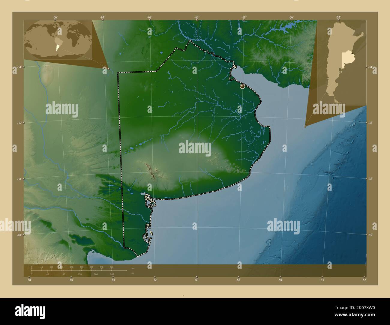 Buenos Aires, province of Argentina. Colored elevation map with lakes ...