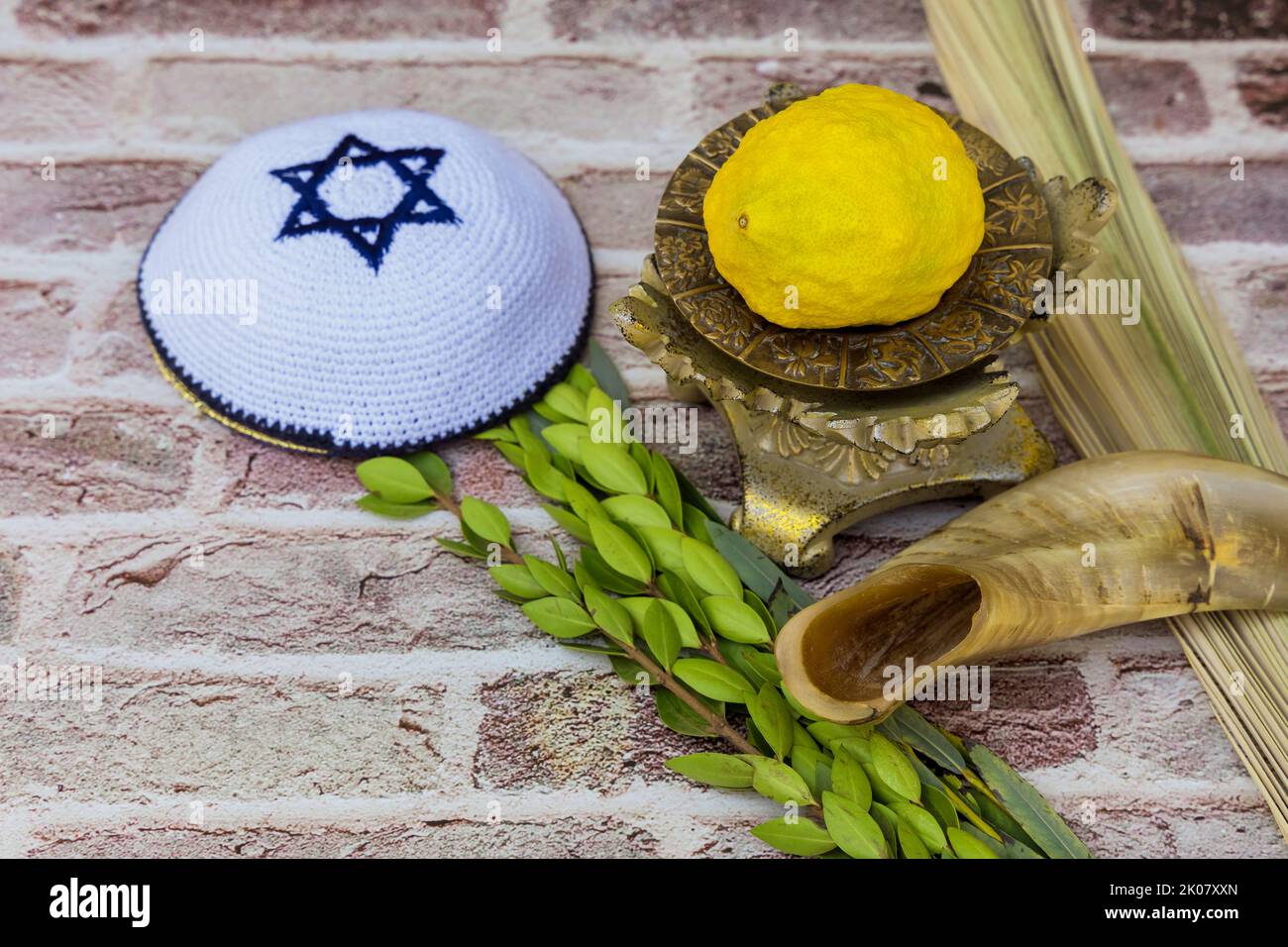 Sukkot decorations with the Jewish holiday traditional symbols with ...