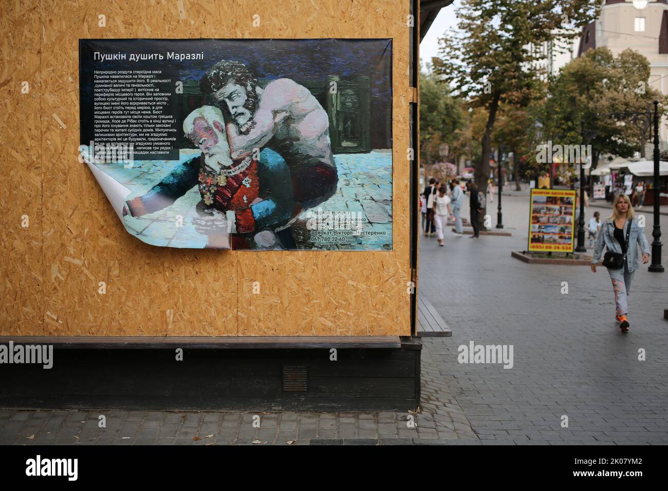 The work of Denis Nedolugny "Pushkin strangles Maraslis" seen along Deribasovskaya street, Odesa ...