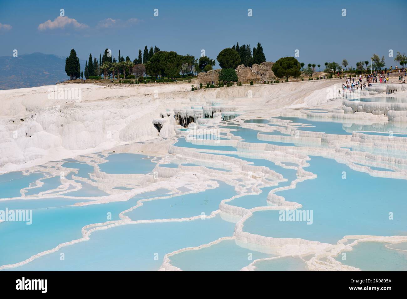 blue pools in Pamukkale travertine terraces, Denizli, Turkey Stock ...