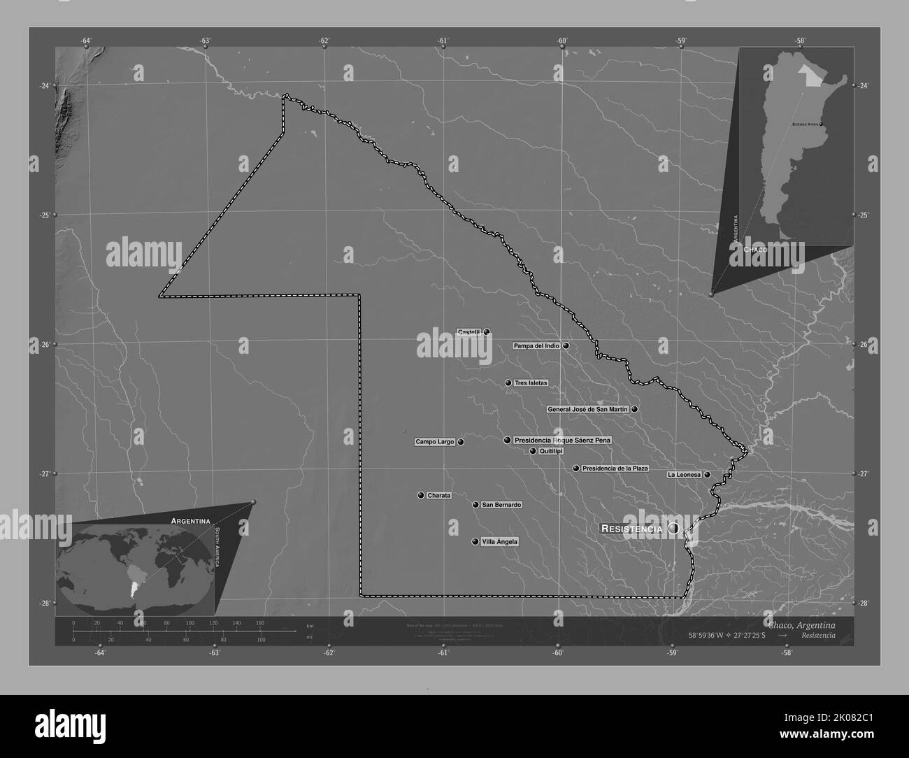 Chaco, province of Argentina. Bilevel elevation map with lakes and ...