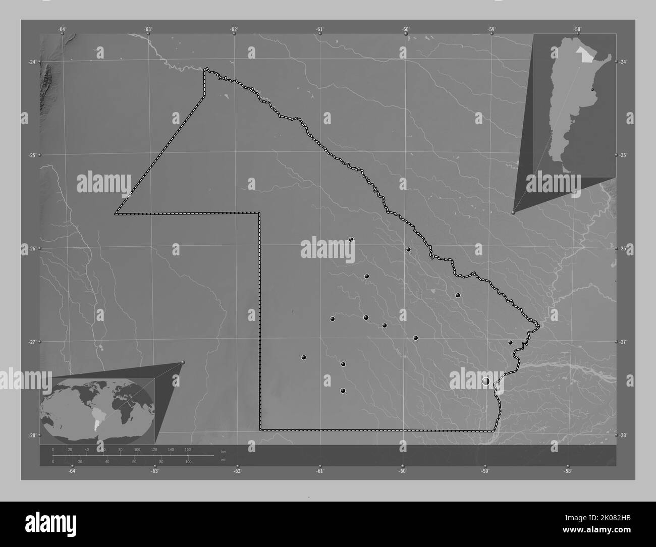 Chaco, province of Argentina. Grayscale elevation map with lakes and ...