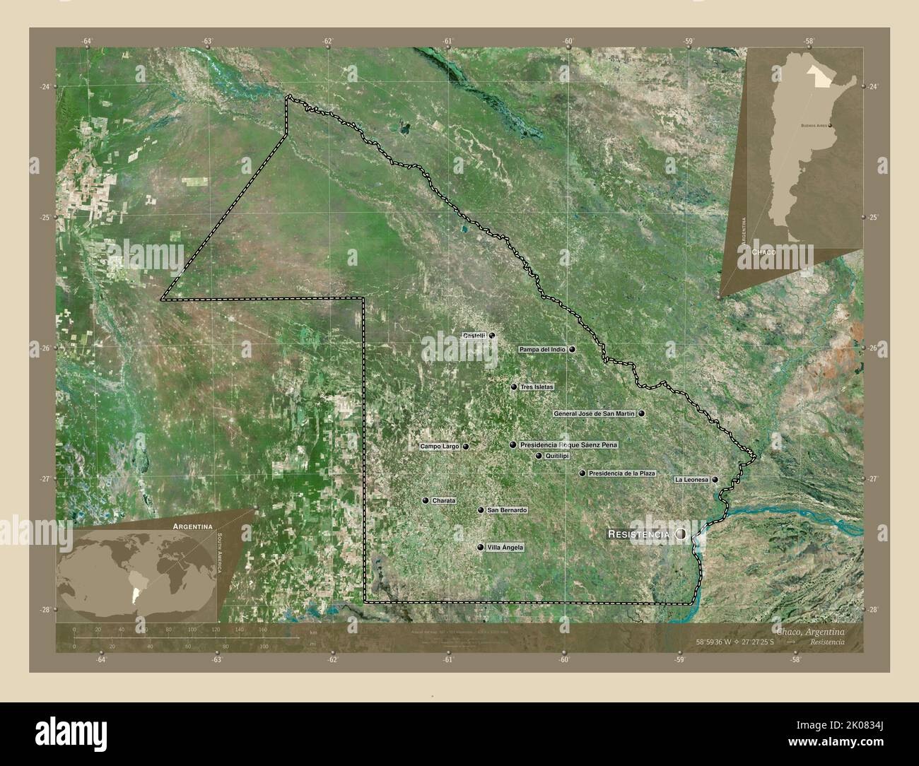Chaco, province of Argentina. High resolution satellite map. Locations ...