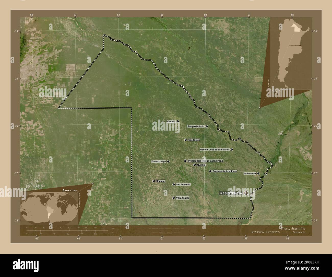 Chaco, province of Argentina. Low resolution satellite map. Locations ...
