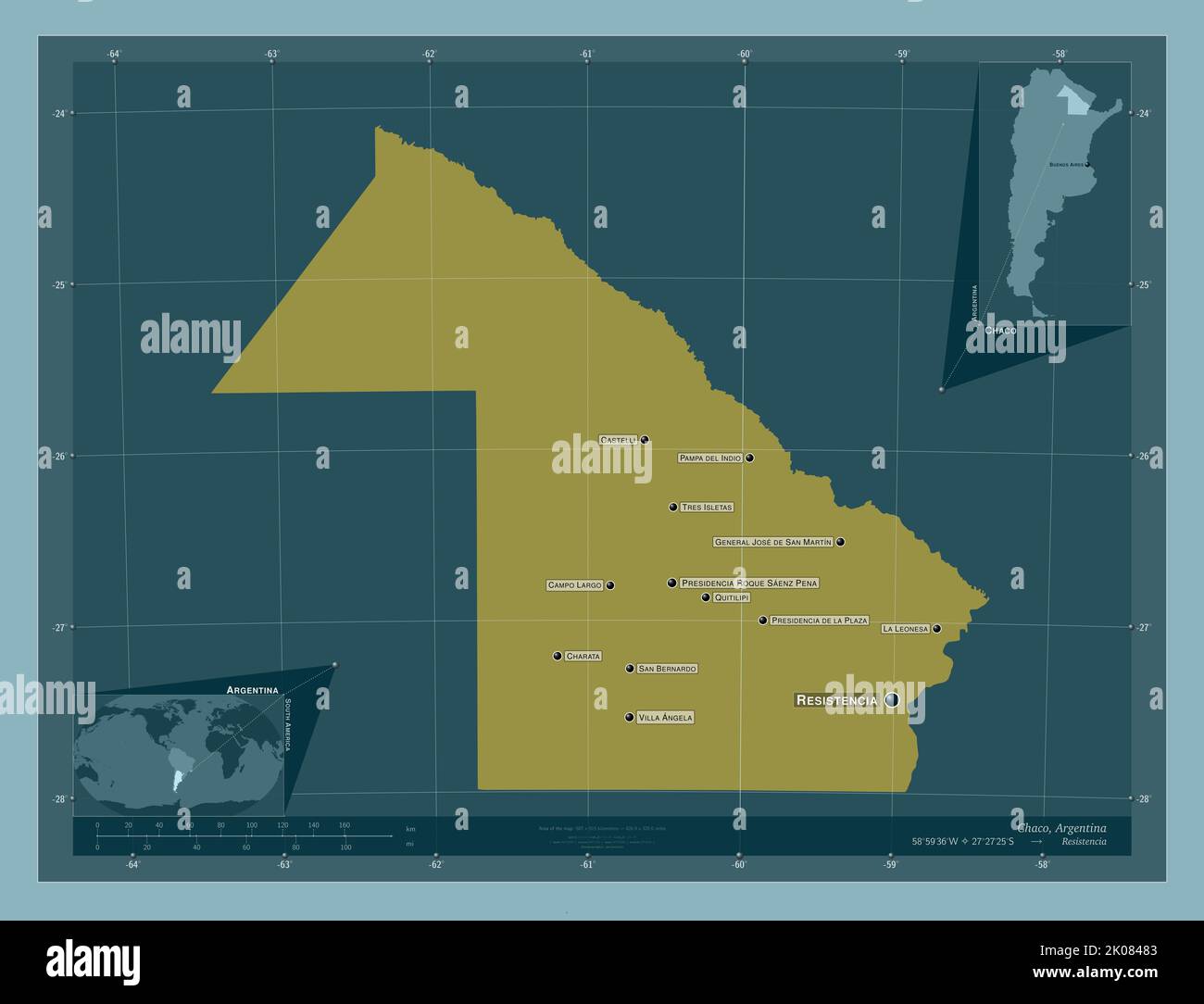 Chaco, province of Argentina. Solid color shape. Locations and names of ...