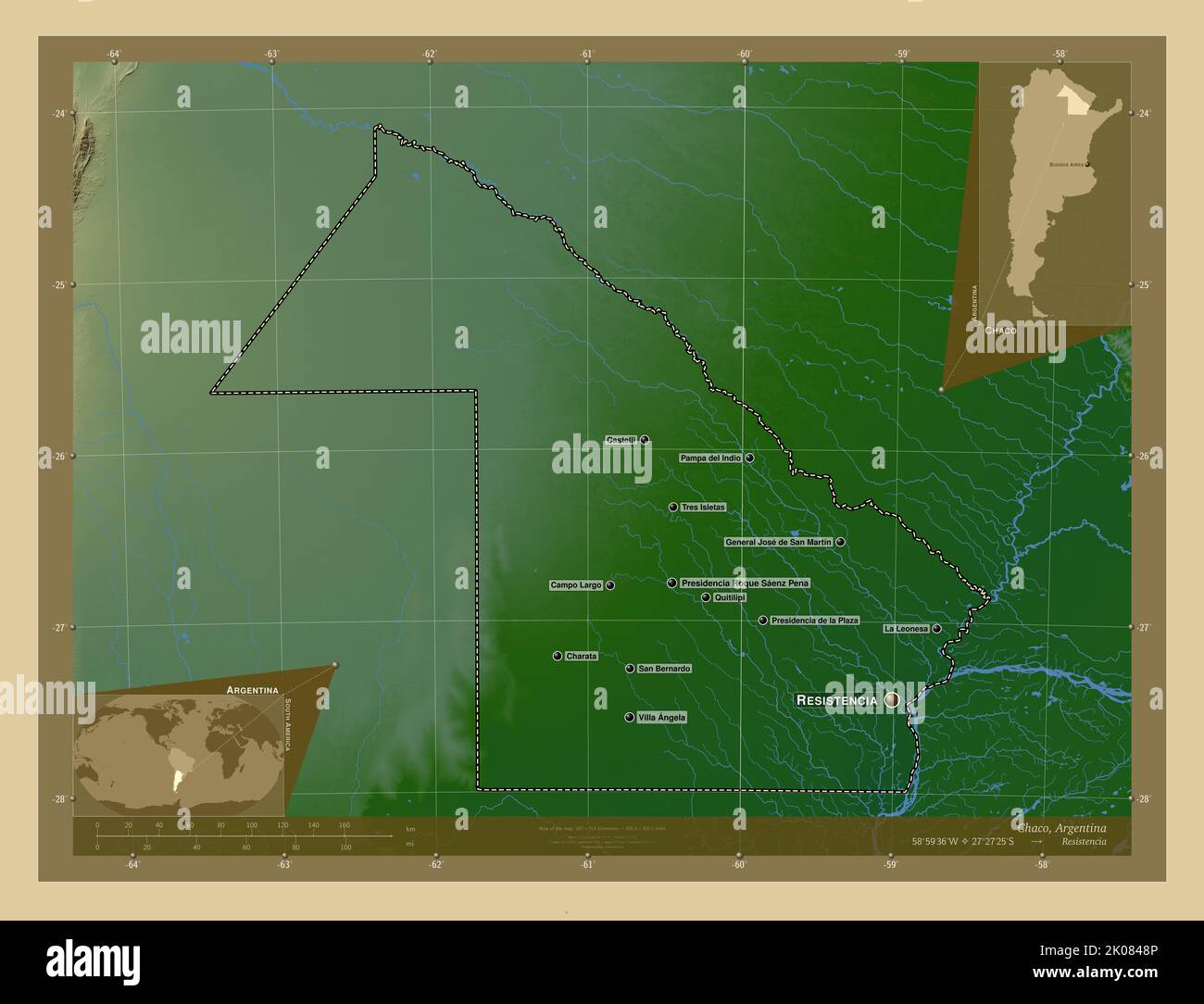 Chaco, province of Argentina. Colored elevation map with lakes and ...