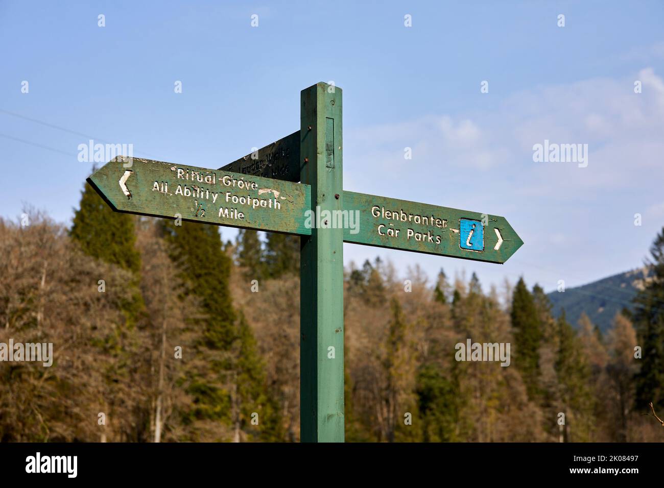 Footpath sign to Ritual Grove in Glenbranter forest, Strachur, Argyll ...