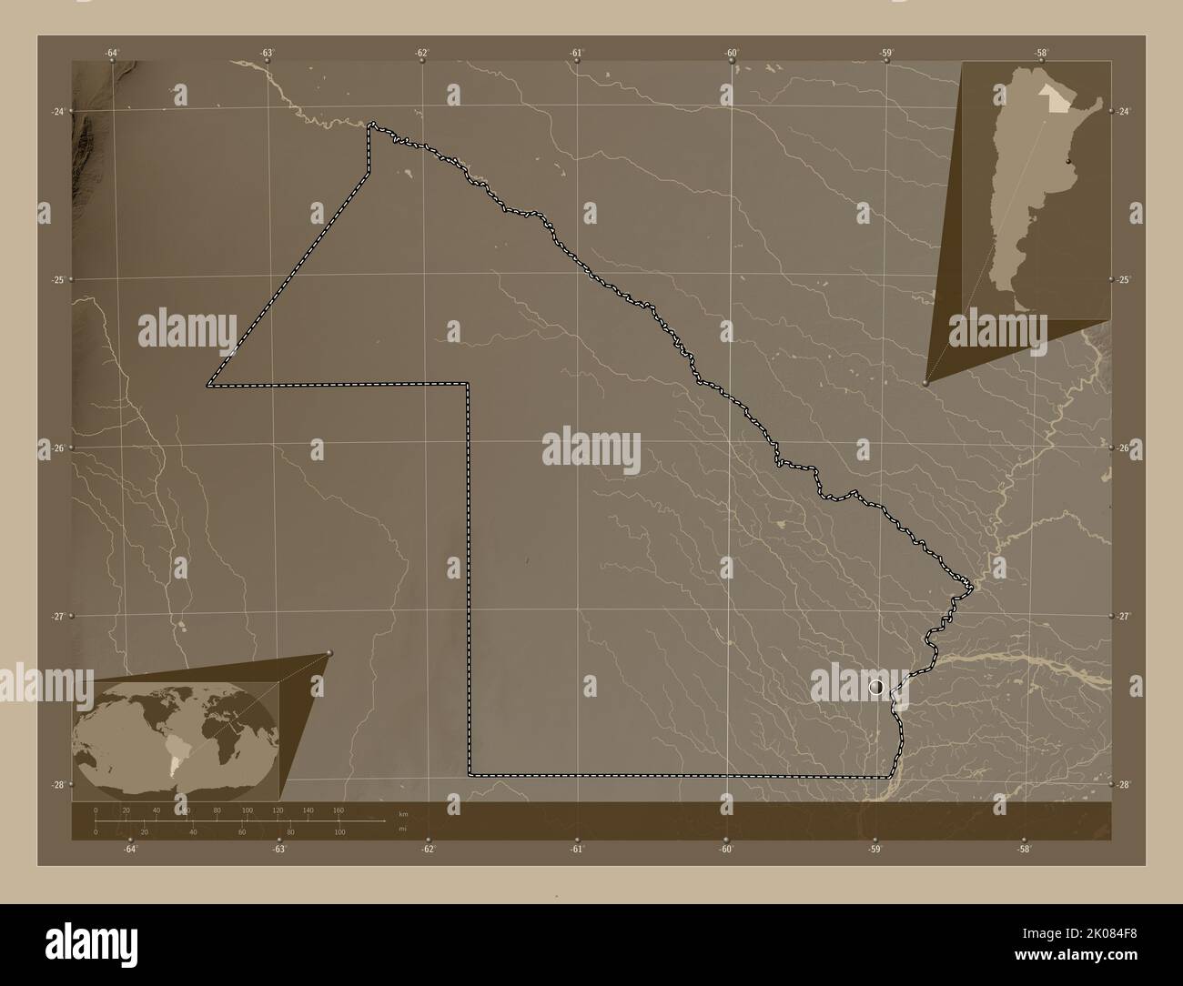 Chaco, province of Argentina. Elevation map colored in sepia tones with ...