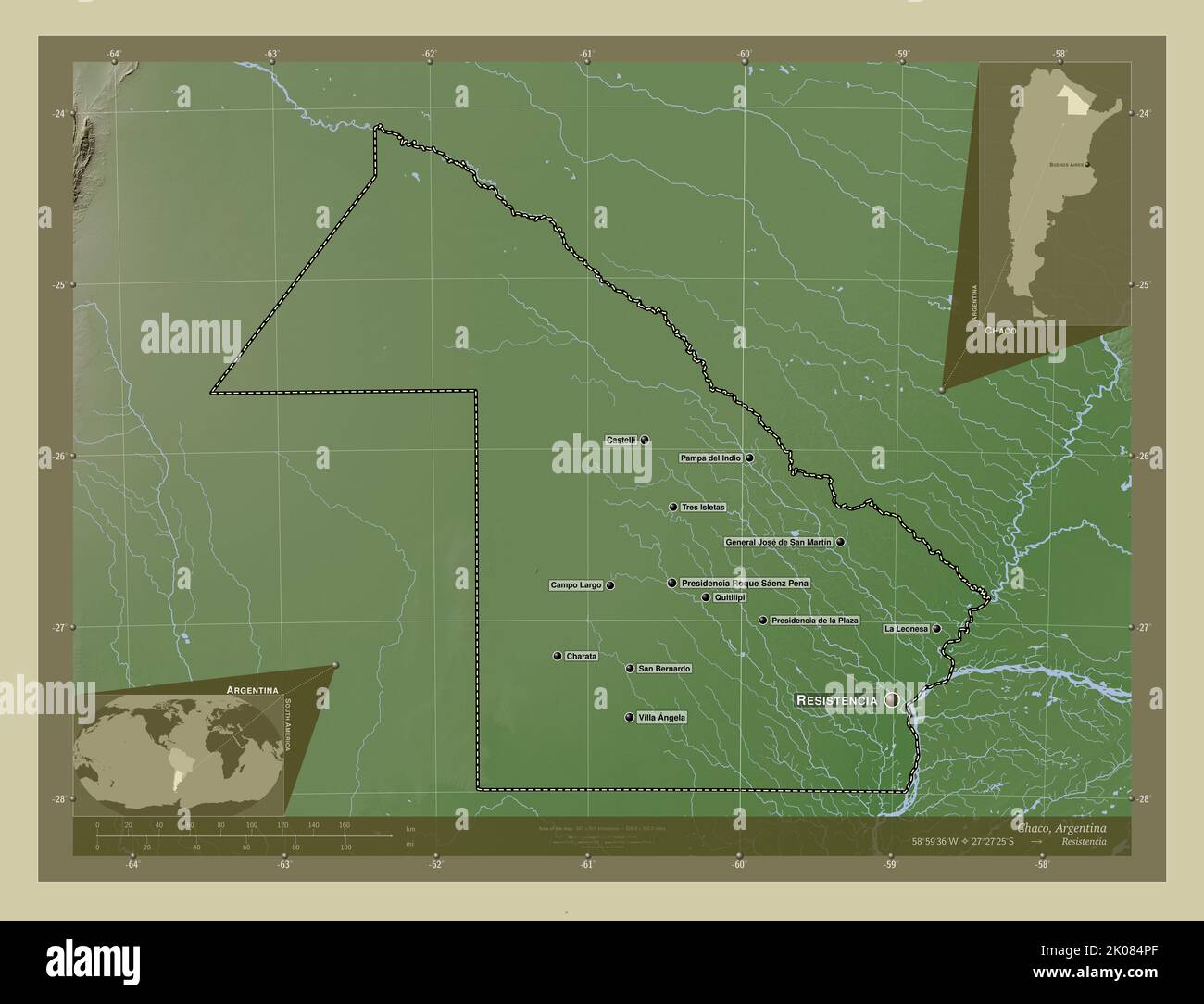 Chaco, province of Argentina. Elevation map colored in wiki style with ...