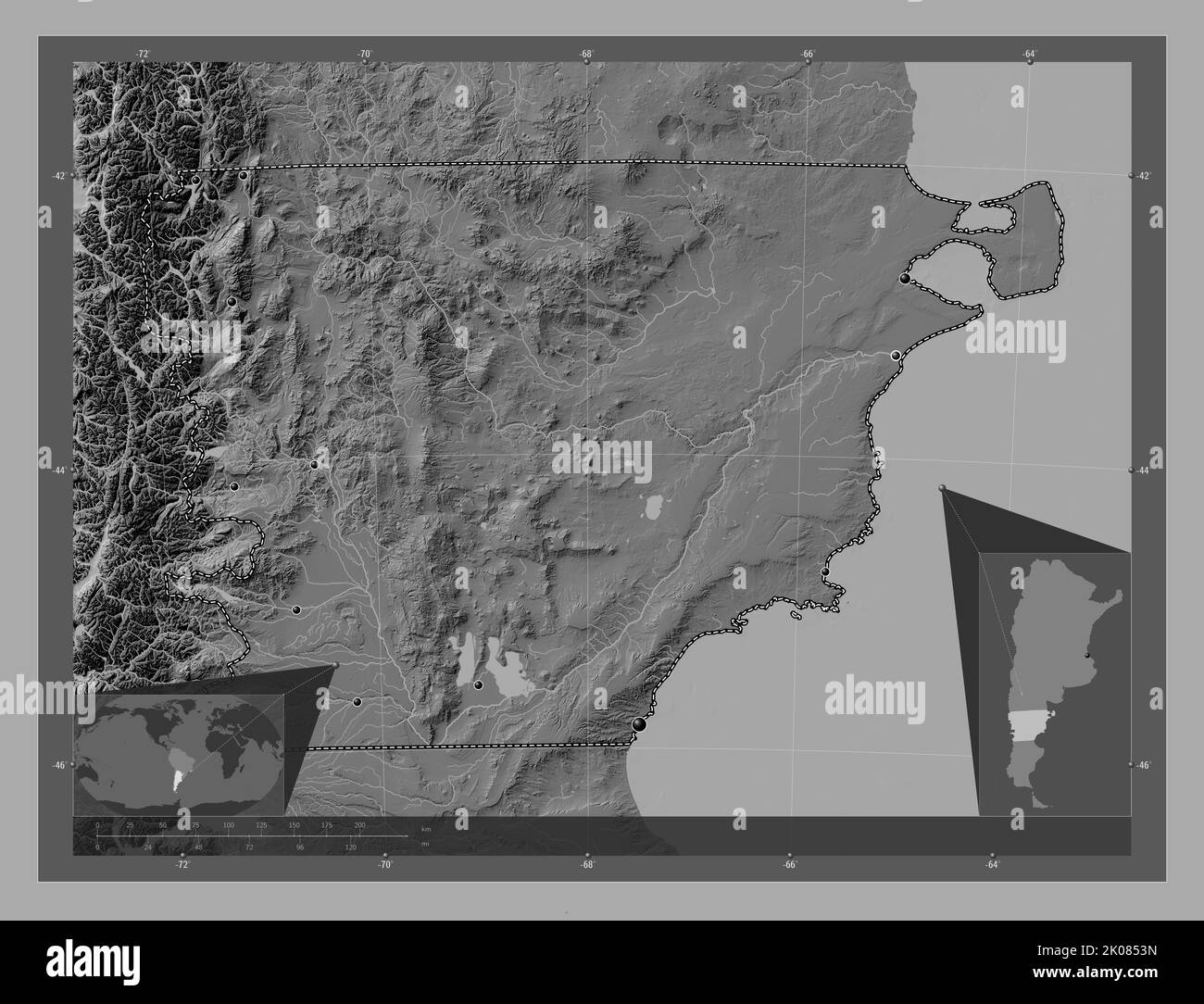 Chubut, province of Argentina. Bilevel elevation map with lakes and ...