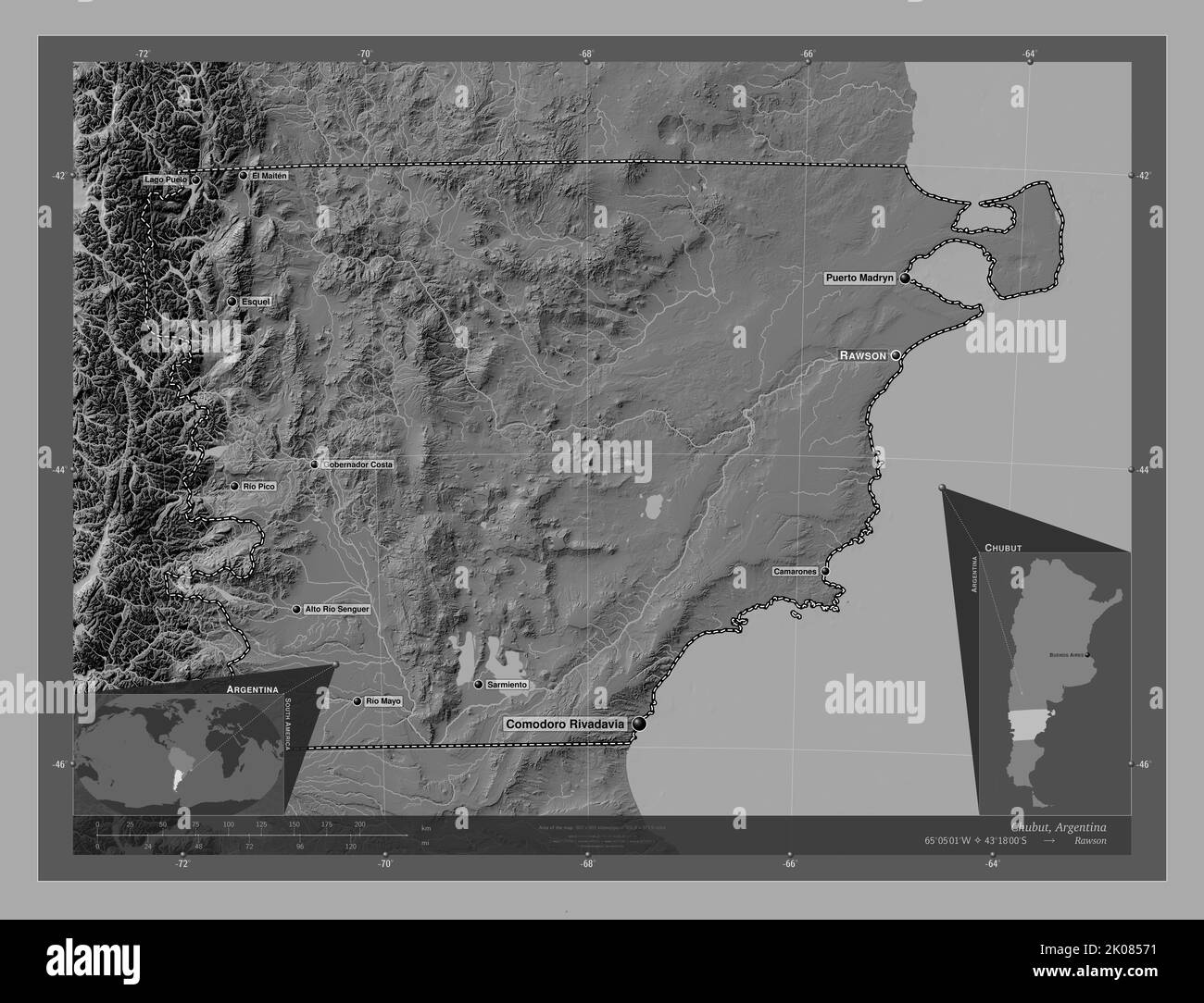 Chubut, province of Argentina. Bilevel elevation map with lakes and ...