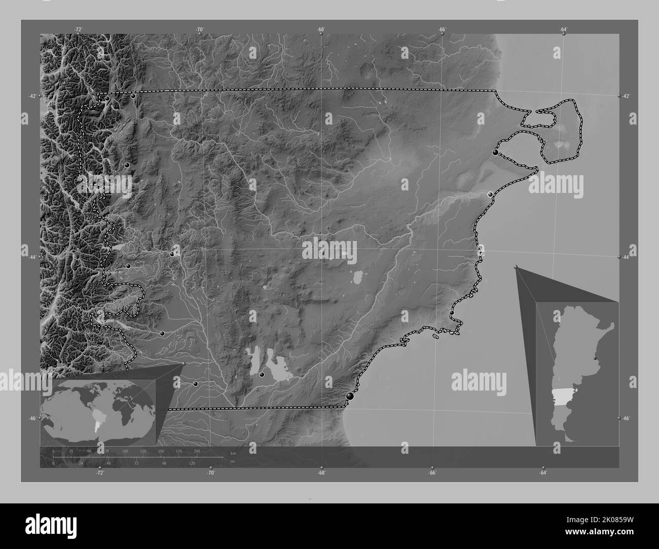Chubut, province of Argentina. Grayscale elevation map with lakes and ...