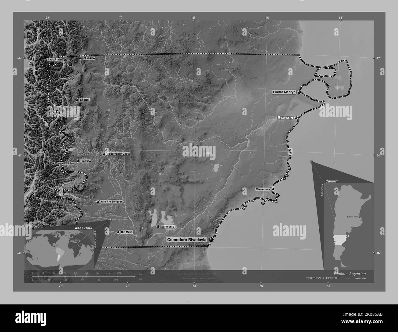 Chubut, province of Argentina. Grayscale elevation map with lakes and ...