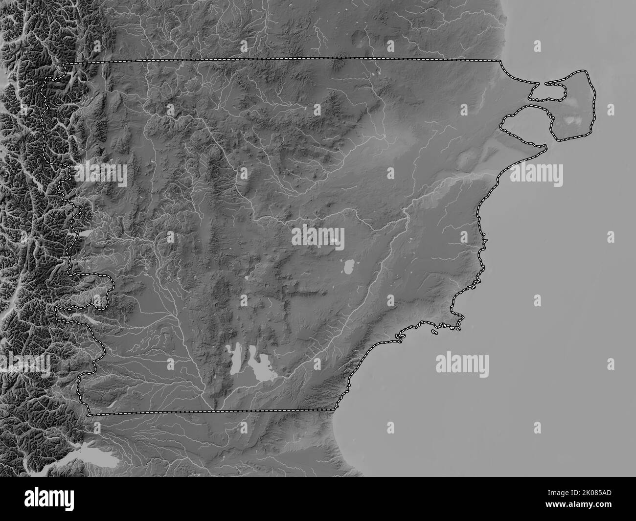 Chubut, province of Argentina. Grayscale elevation map with lakes and ...