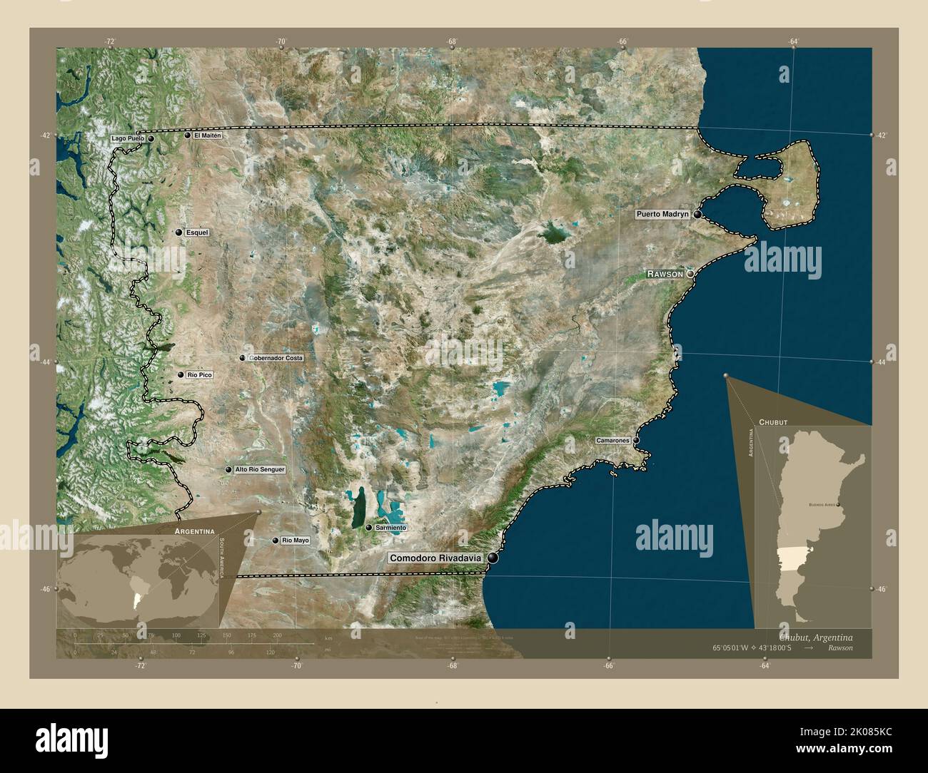 Chubut, province of Argentina. High resolution satellite map. Locations ...