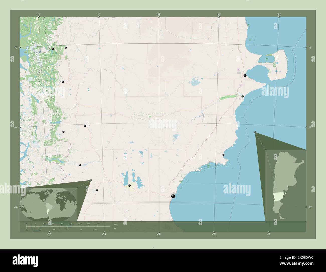 Chubut, province of Argentina. Open Street Map. Locations of major ...