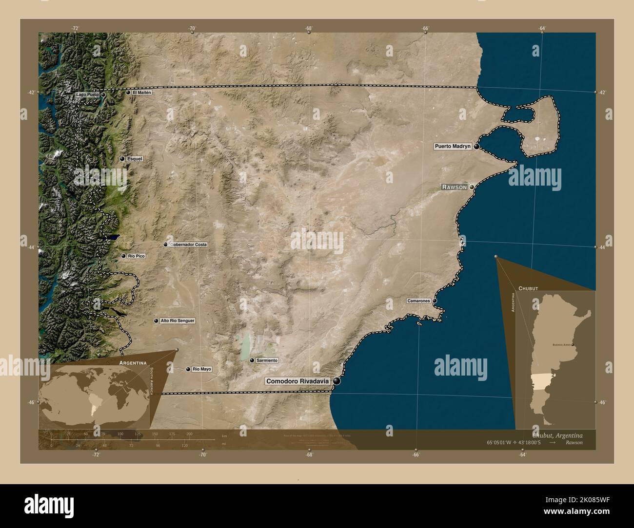Chubut, province of Argentina. Low resolution satellite map. Locations ...