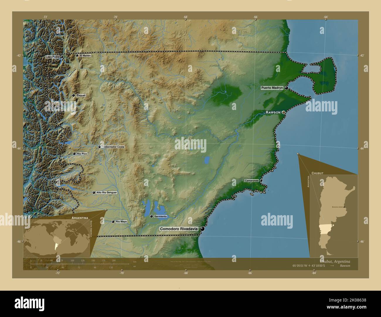 Chubut, province of Argentina. Colored elevation map with lakes and ...