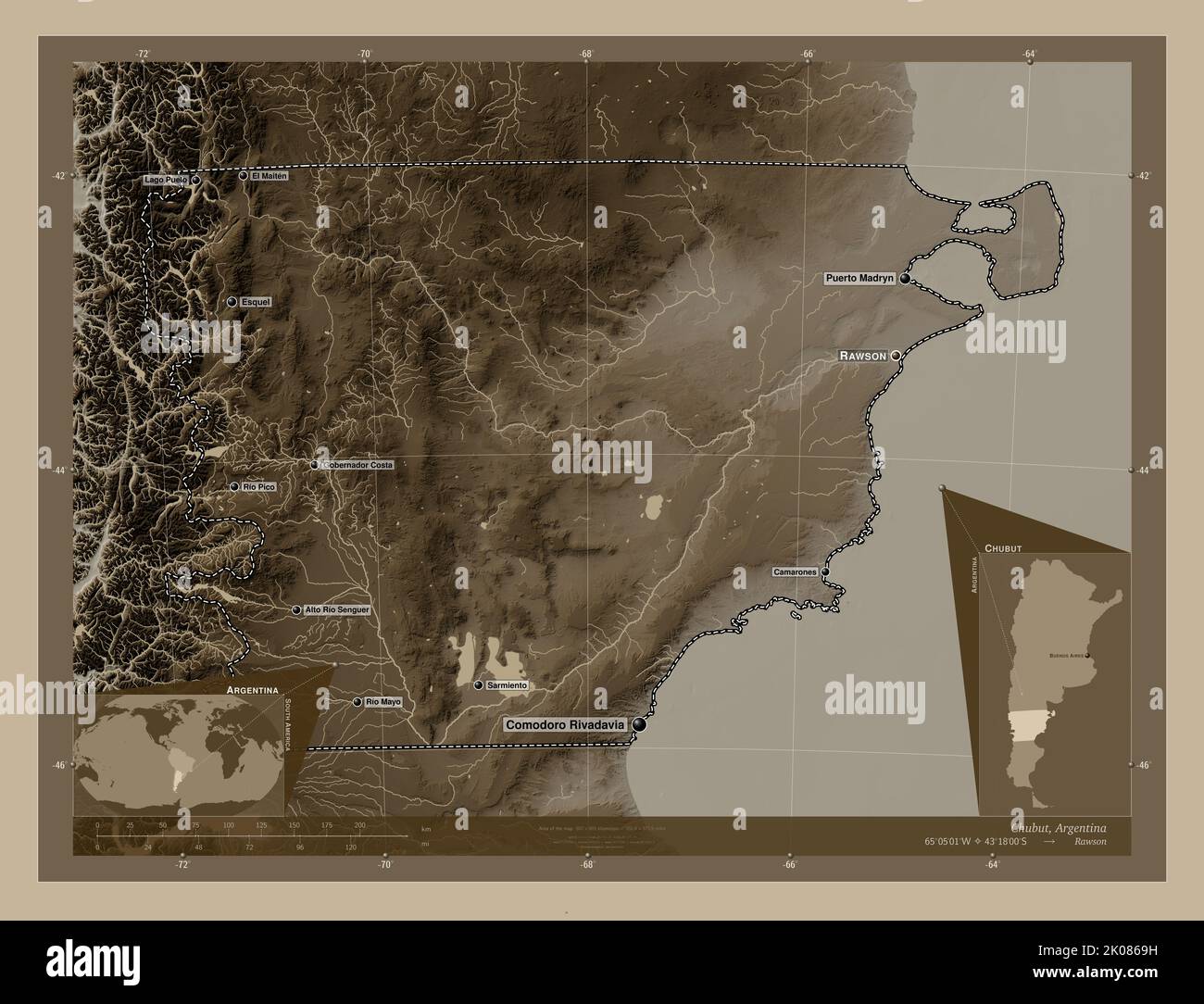 Chubut, province of Argentina. Elevation map colored in sepia tones ...