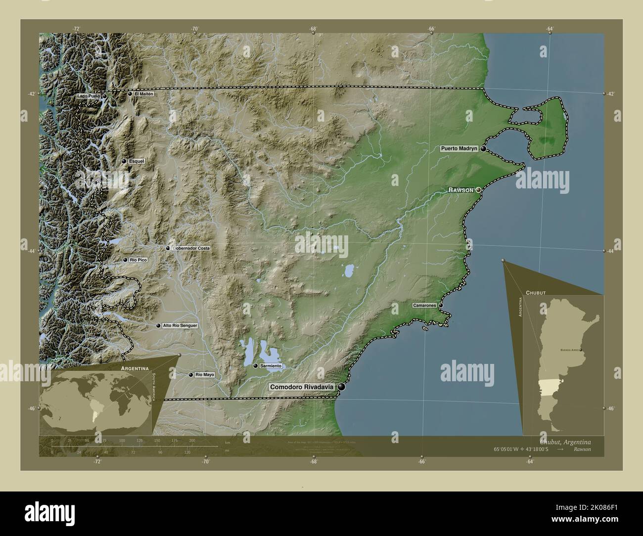 Chubut, province of Argentina. Elevation map colored in wiki style with ...
