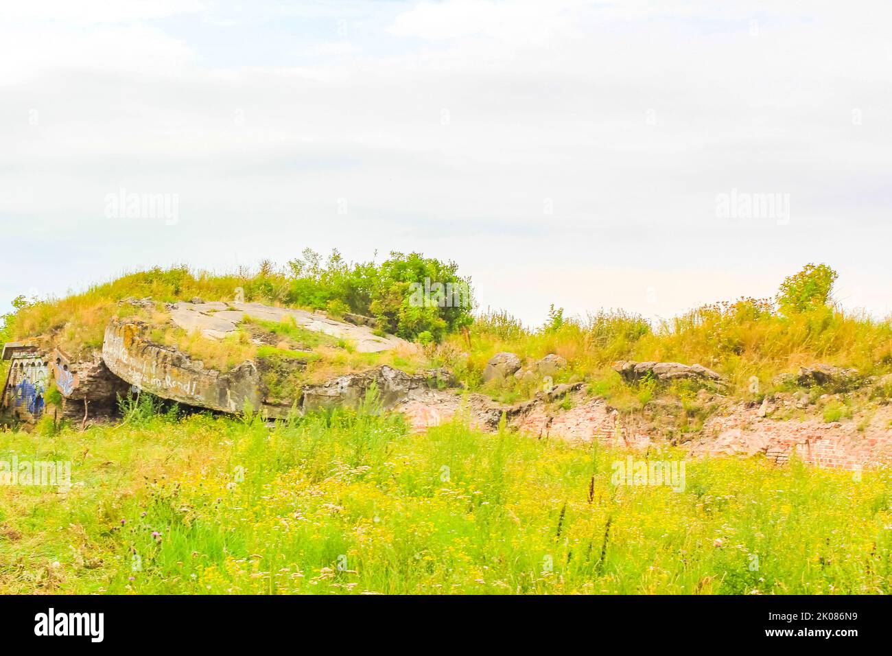 Natural dyke dike mudflat stones grass sea grass seaweed landscape with ...
