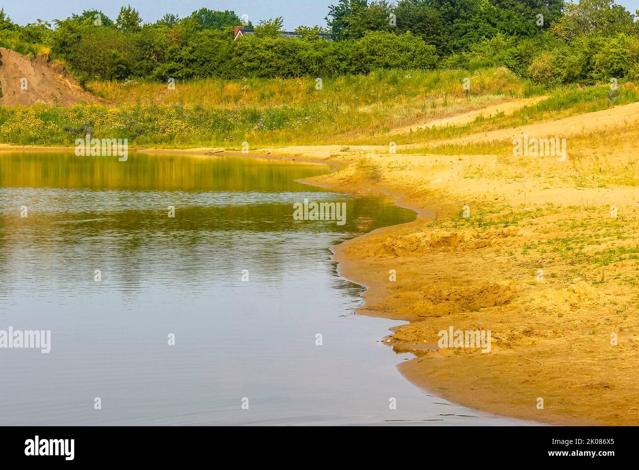 Beautiful lake river water beach with sand and sand hill forest and ...