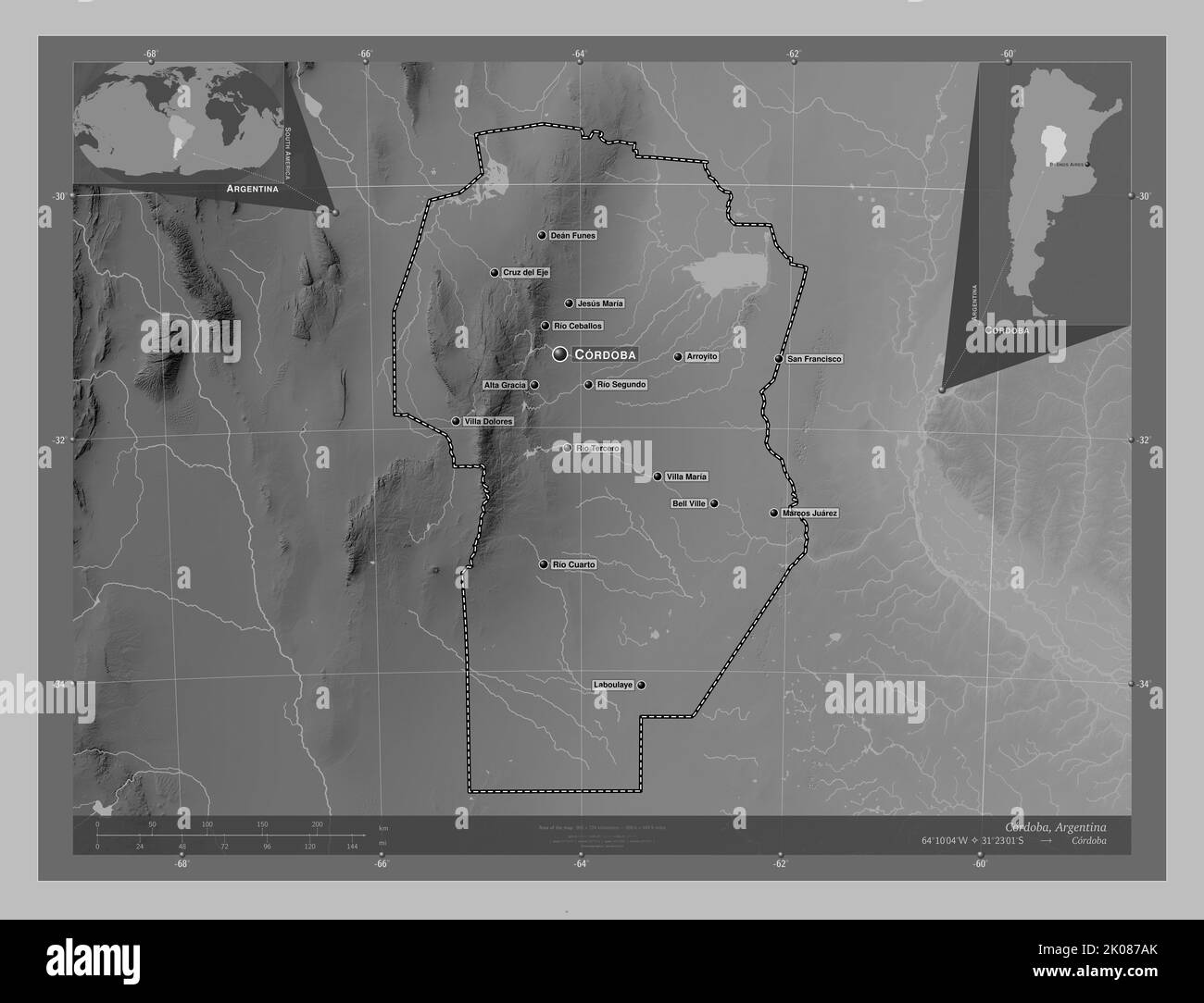 Cordoba, province of Argentina. Grayscale elevation map with lakes and ...